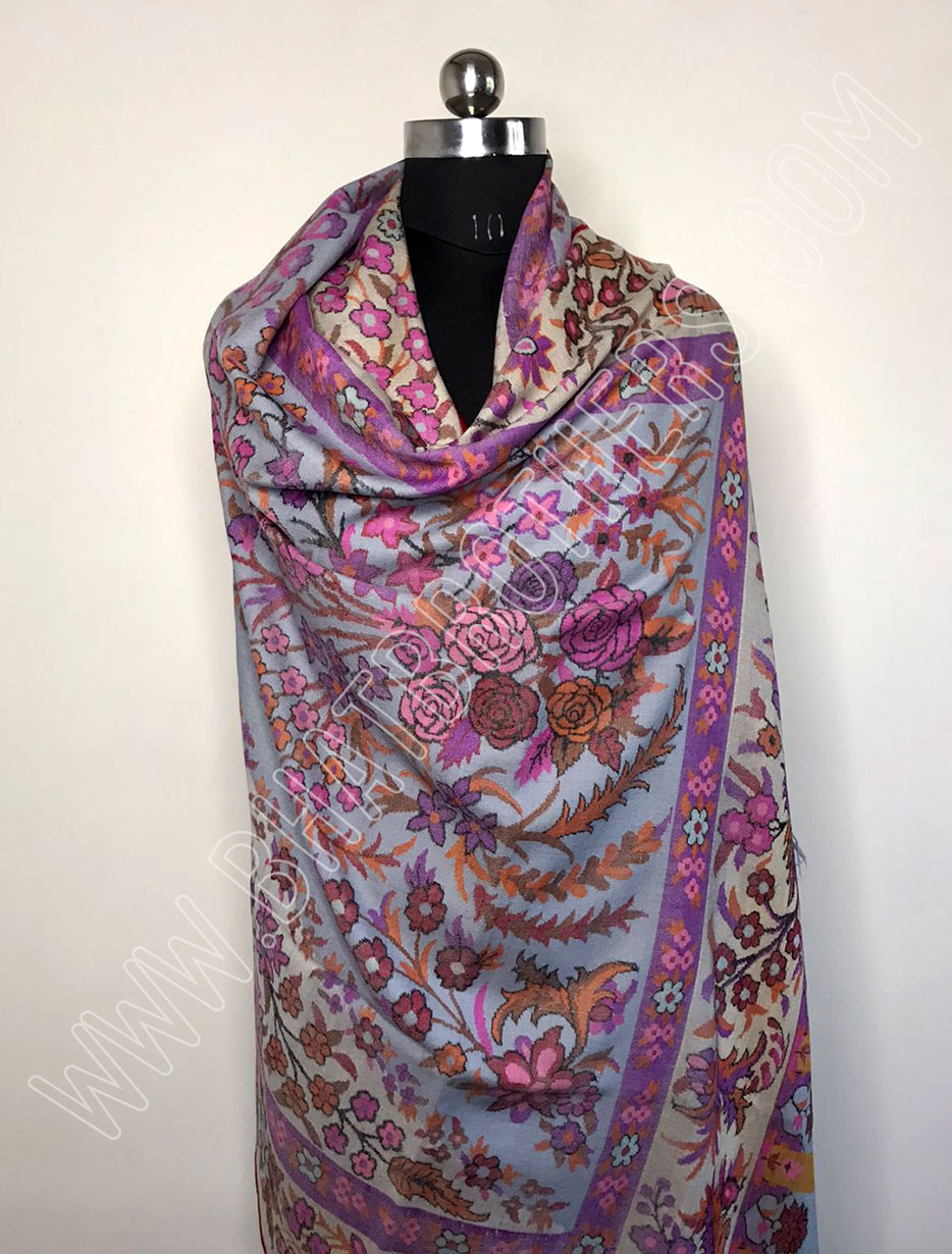 Authentic Grey & natural background pashmina kani embroidered shawl