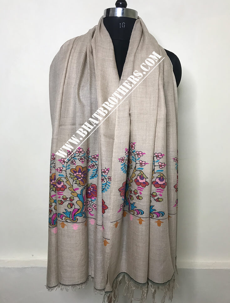 Solid Natural Cream Floral Pashmina shawl Online from Bhat